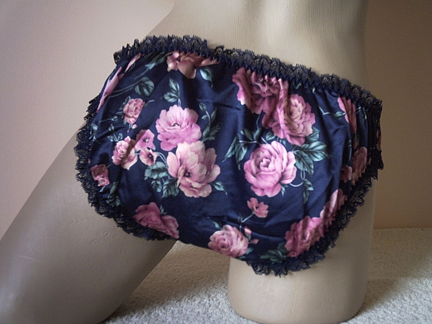 Ladies Navy Floral Satin Bikini Panties Frilly Lace Knickers 14 L Ebay