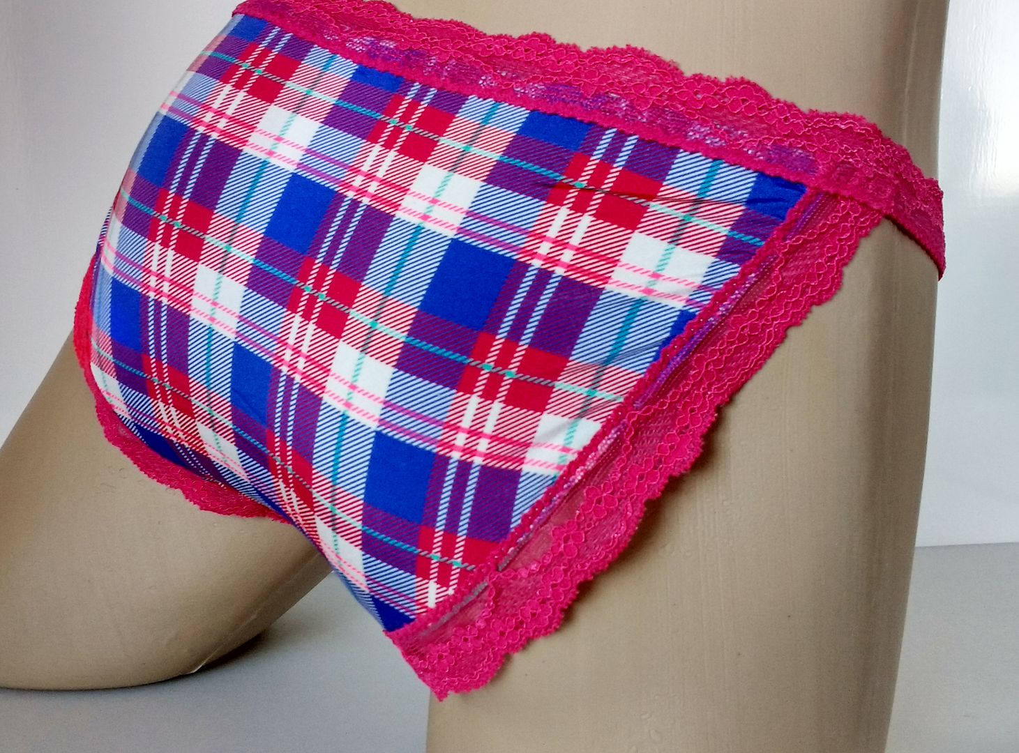 Silky Pink Tartan Check String Bikini Panties Tanga Lace Trim Knickers 